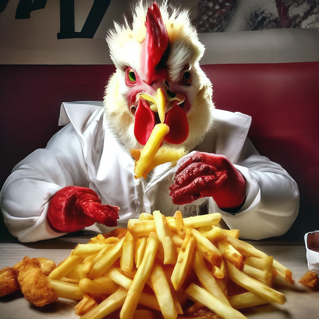 "KFC chicken eats French fries, creepy,scary, horror" — image created ...
