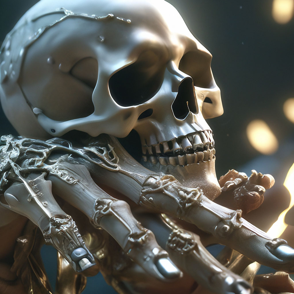 "Sickle in bone hands bound, skull skeleton, hyperrealism, photorealism ...