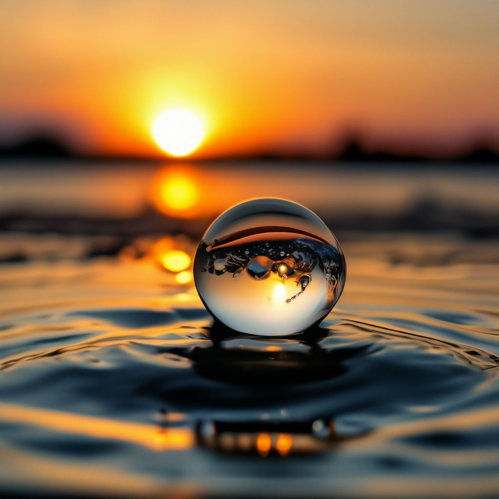 "🪐 a beautiful drop of water at a hyperrealistic sunset, precise detail ...
