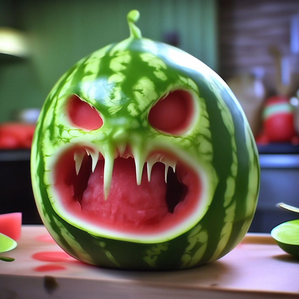 "Watermelon turns into a zombie" — image created in Shedevrum