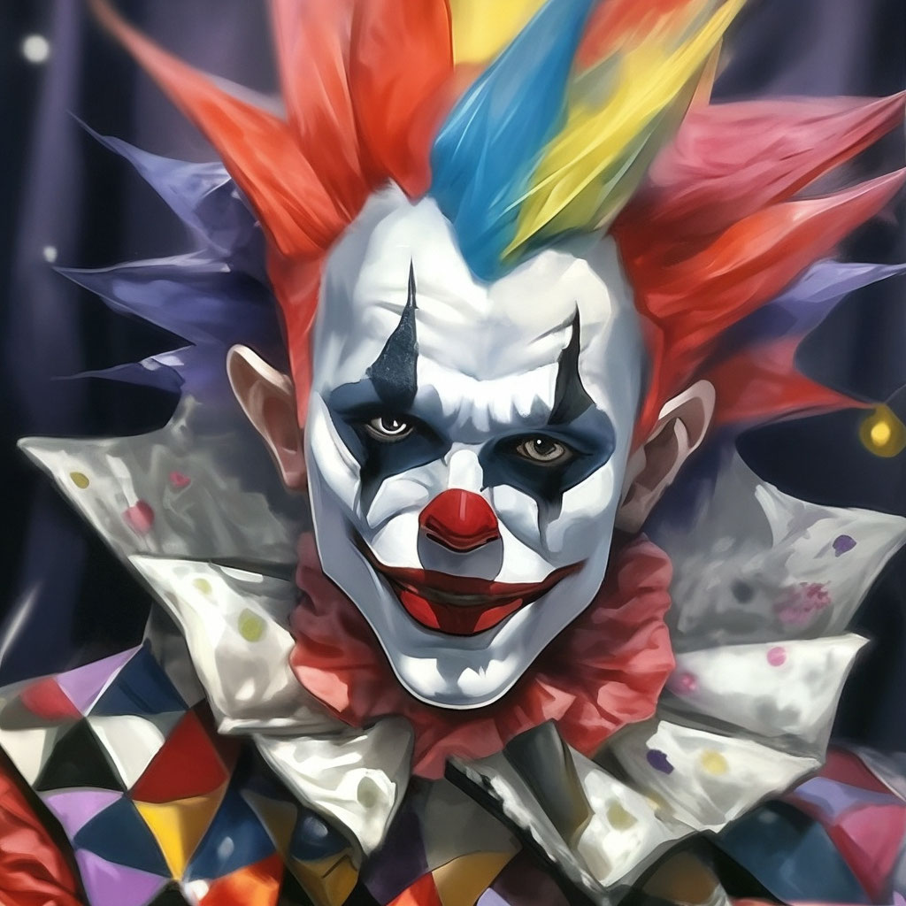 "Sad clown punk rocker in villainous tones, performance on stage in the ...
