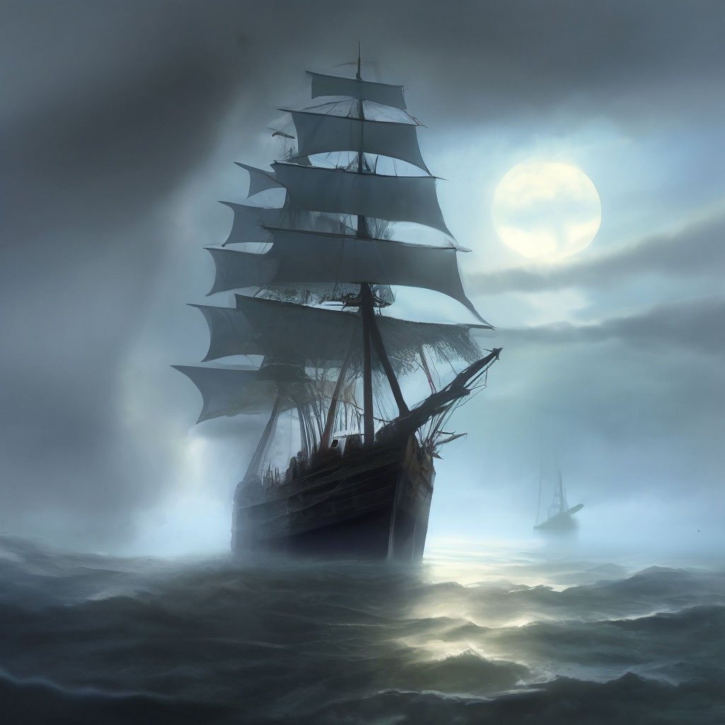 "The three-masted ghost sailing ship slowly floats out of the fog The ...