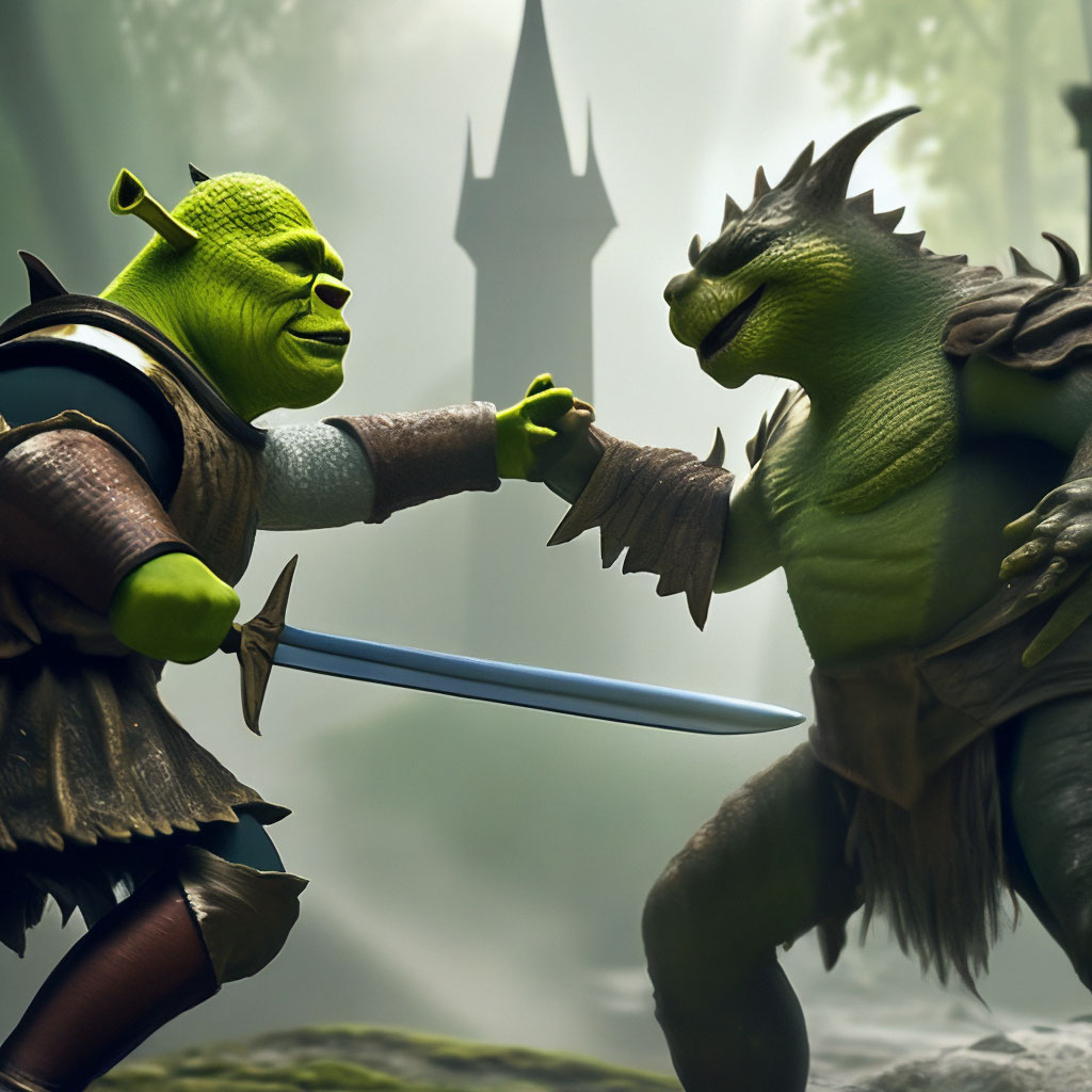 "Shrek in heroic armor defeats a lizard man in a sword fight in ancient ...