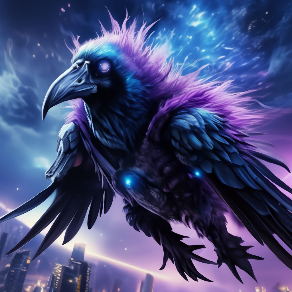 "A giant human-like mutant bird with galactic coloring covered with a ...