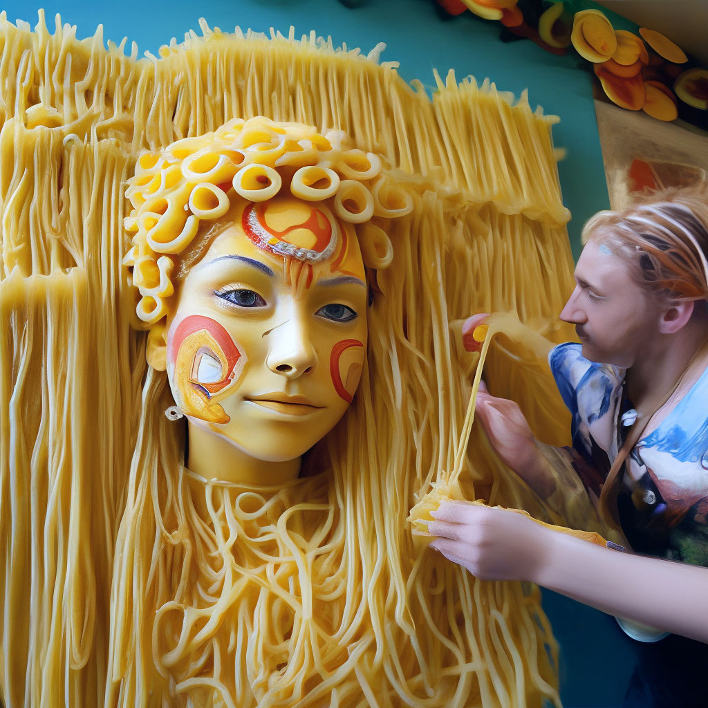 "General plan of face art made of pasta and spaghetti , completely ...