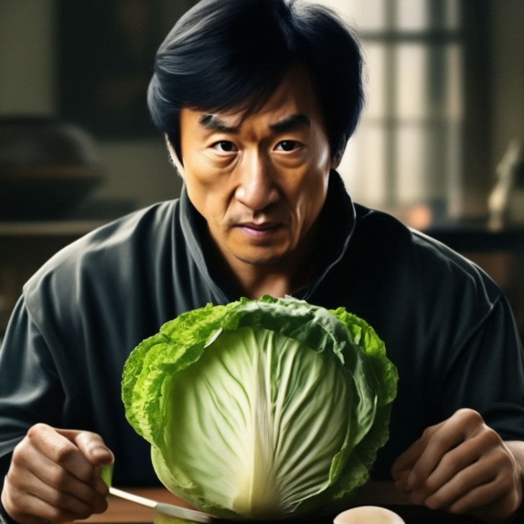 "Jackie Chan eats a cabbage" — image created in Shedevrum