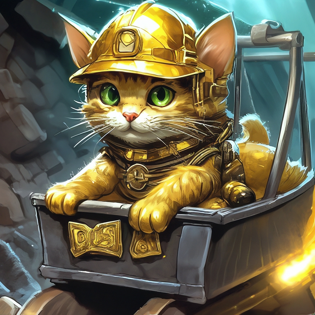 "A miner's cat, in a golden helmet, in the paw of a pickaxe, sits in a ...