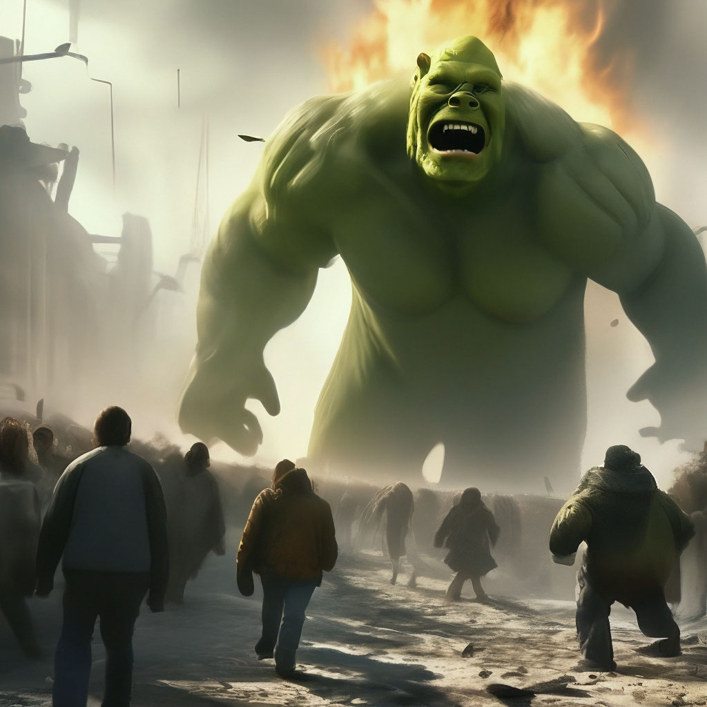"A crowd of people are running away from an angry shrek giant in a post ...