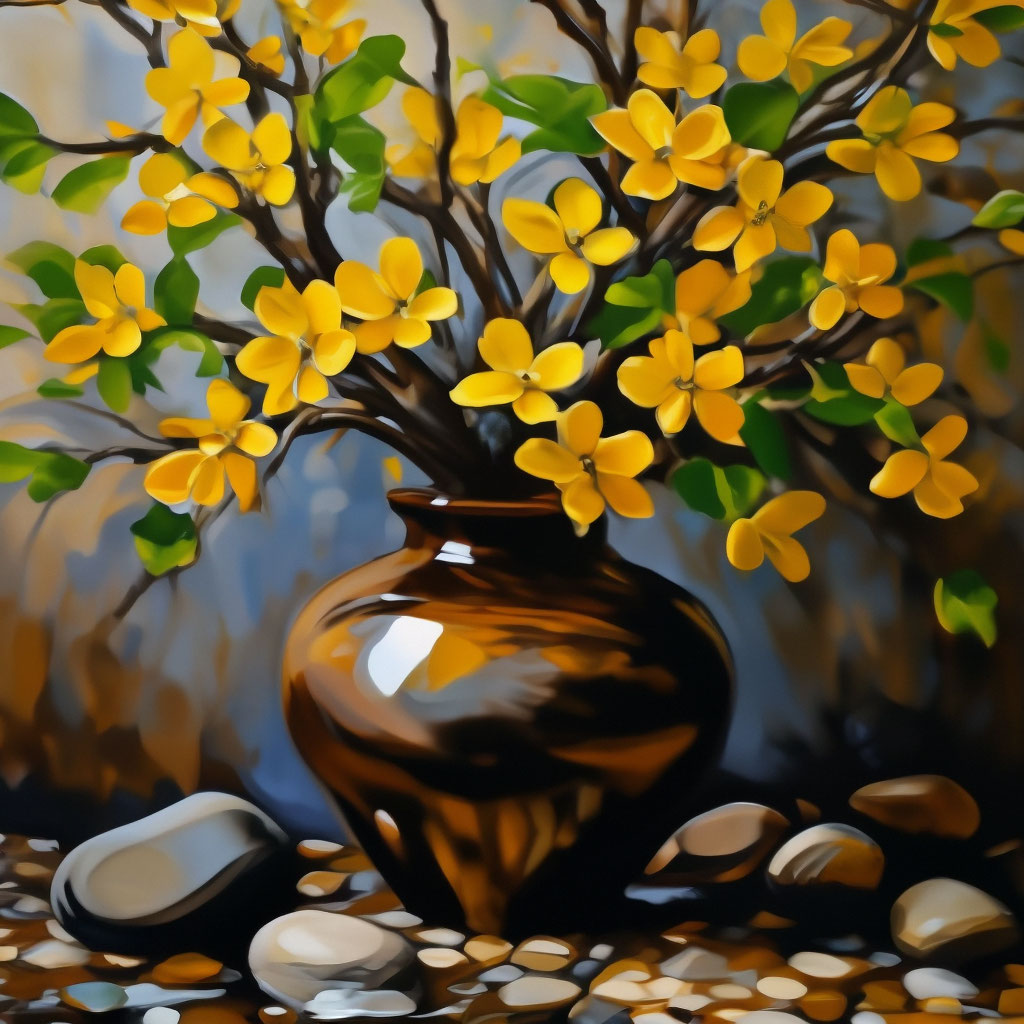 "Ekibana, brown flat vase, lush green tree and yellow flowers, pebbles ...