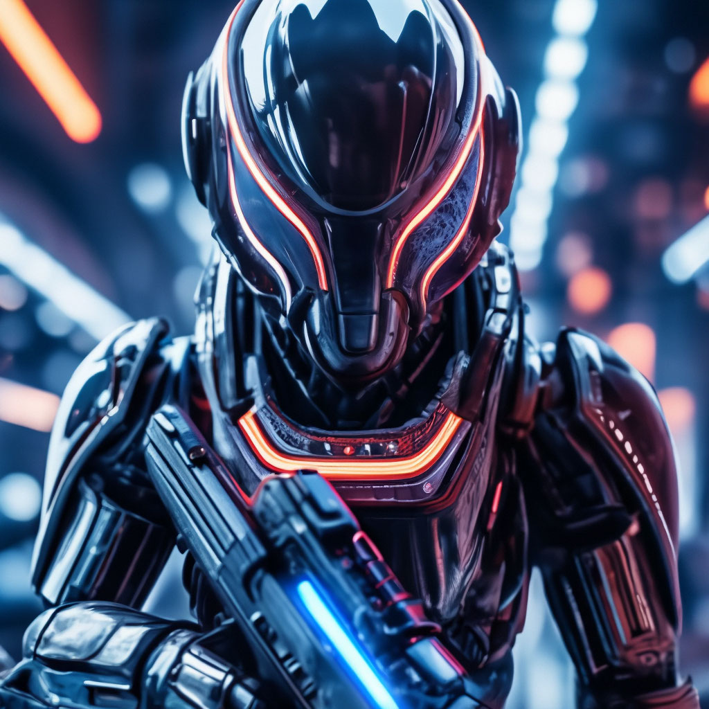 "Alien in a spacesuit with neon lights fighting robots from the planet ...