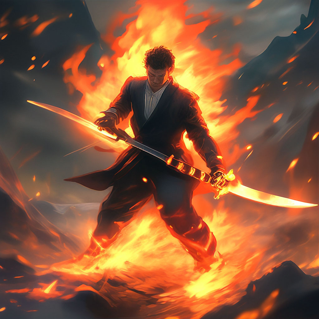 "KNIFE ON FIRE iRon MiR🩸" — image created in Shedevrum