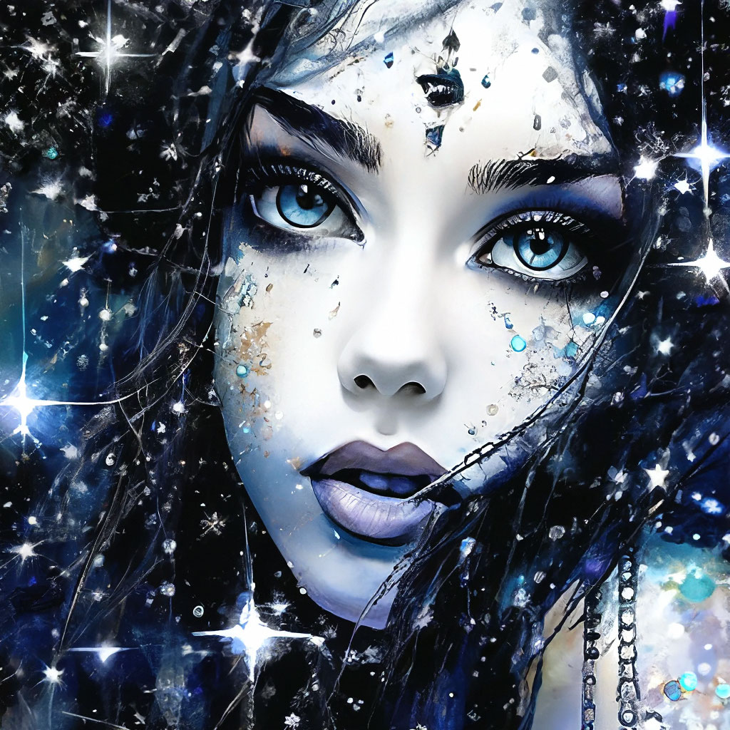 "Emo beauty girl,long eyelashes, watercolor, drawing, electric black ...