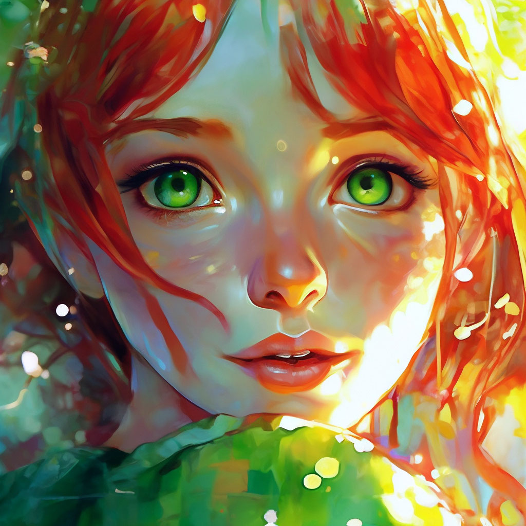 "Three-dimensional watercolor, red-haired girl, drawing, big kind green ...