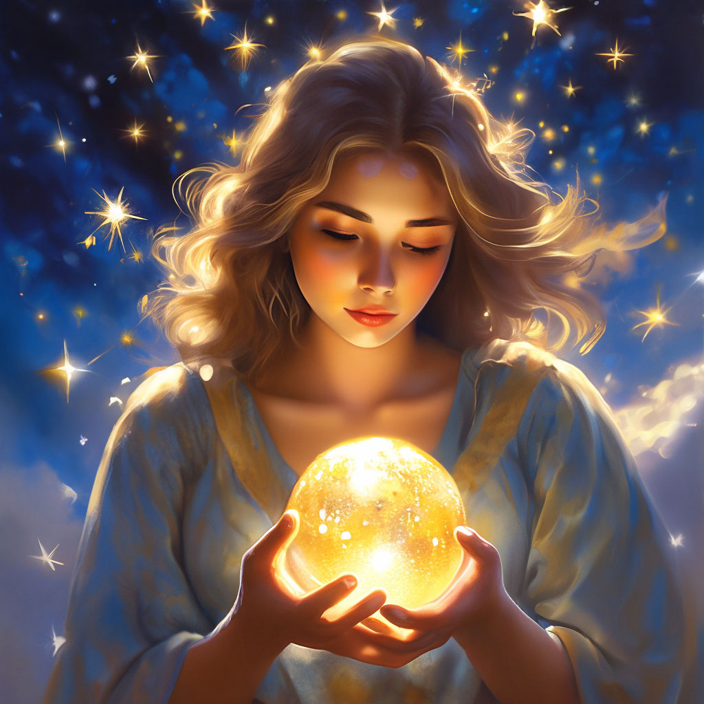 "A young woman with downcast eyes, holding a golden ball in her hands ...