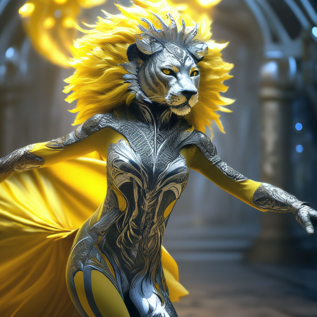 "Alien hybrid anthropomorphic lioness dancing tango, gorgeous yellow ...