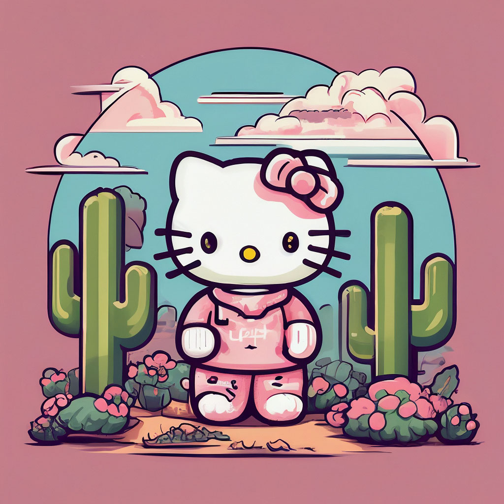 "Hello kitty + cacti landscape flat illustration in naive style vector ...