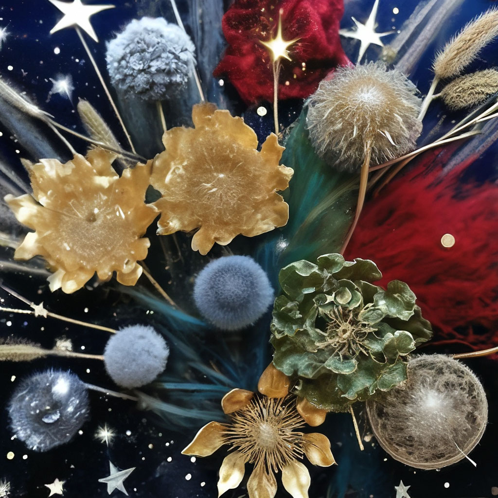 "Gold dust, bouquet of stardust and galaxies ,red,green, silver, blue ...