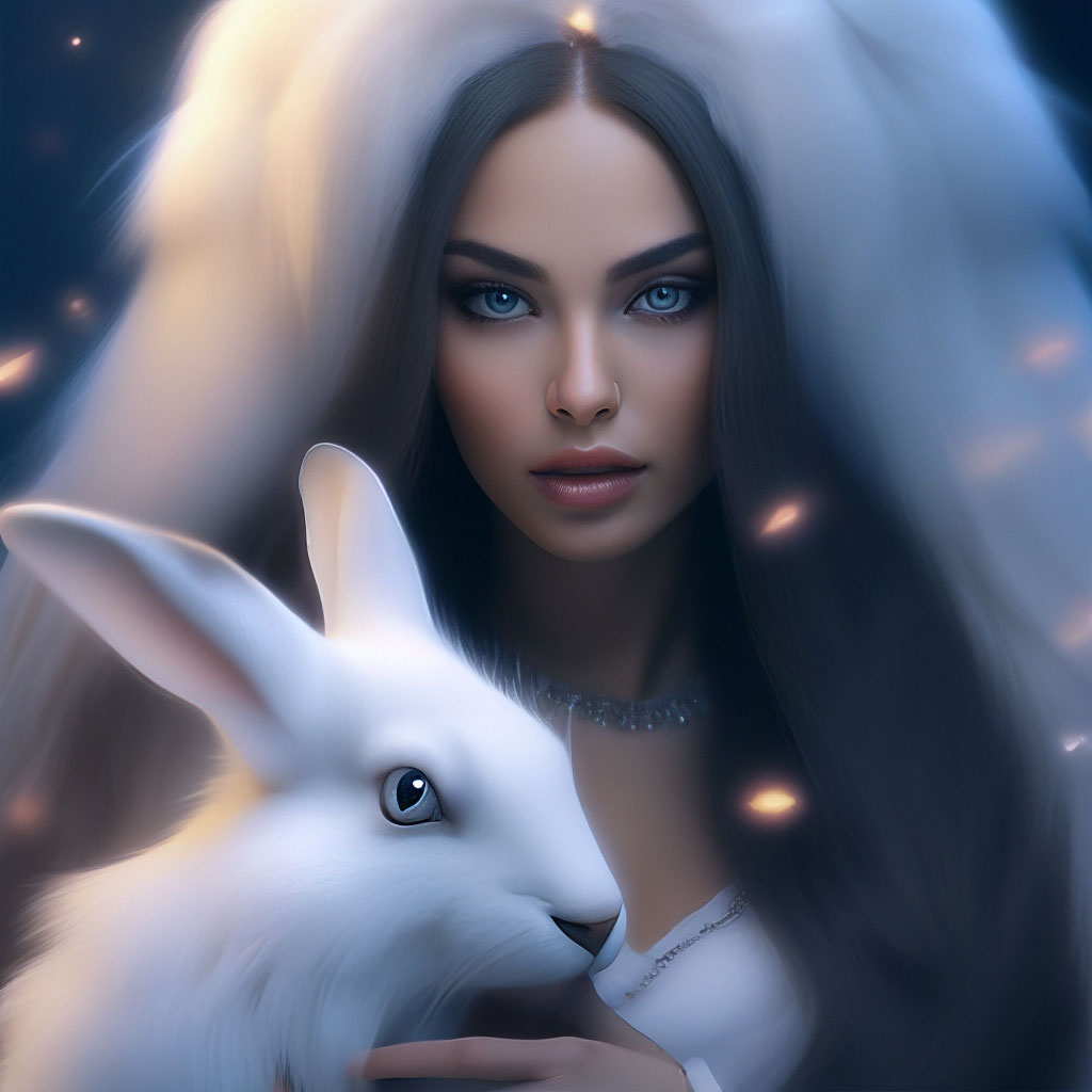 "Professional photo. Hyperrealism, woman+rabbit crossing, long fur ...