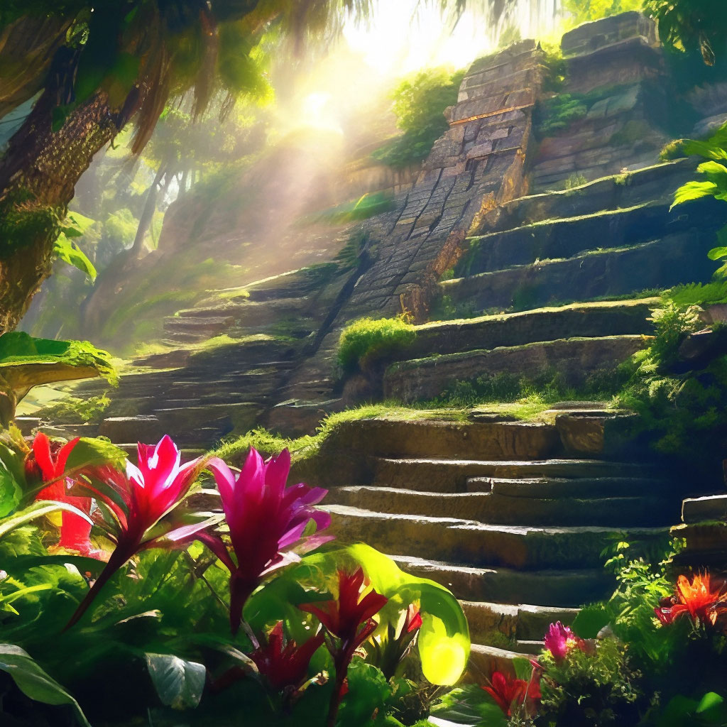 "Ancient Maya civilization, sun rays, summer morning, ancient walls ...
