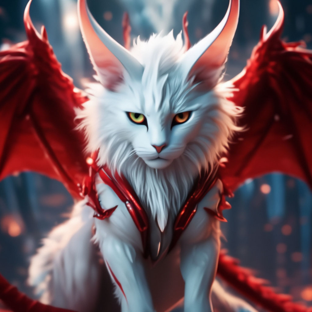 "A hybrid of a cat and a dragon a white cat with red long horns, with ...
