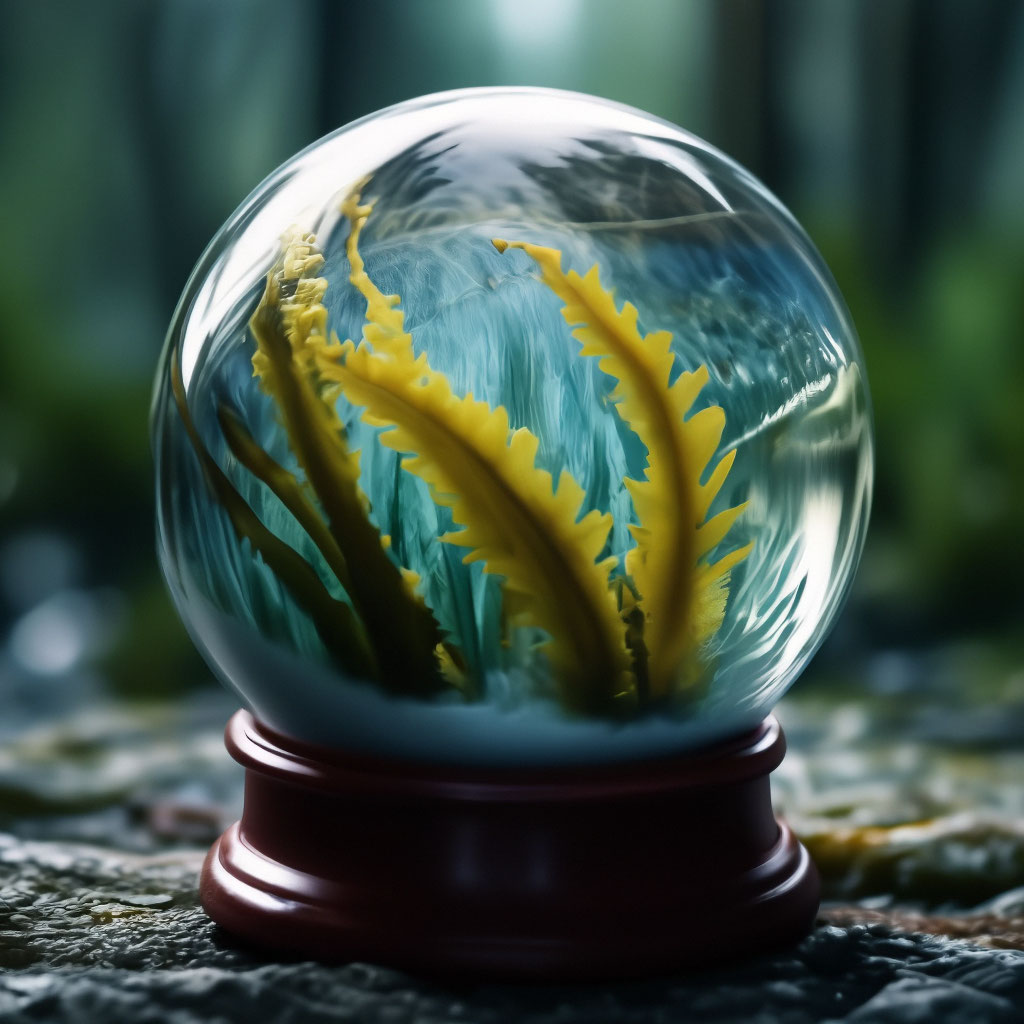 "Microcosm in a transparent sphere, kelp in a cold sea, in a snow globe ...
