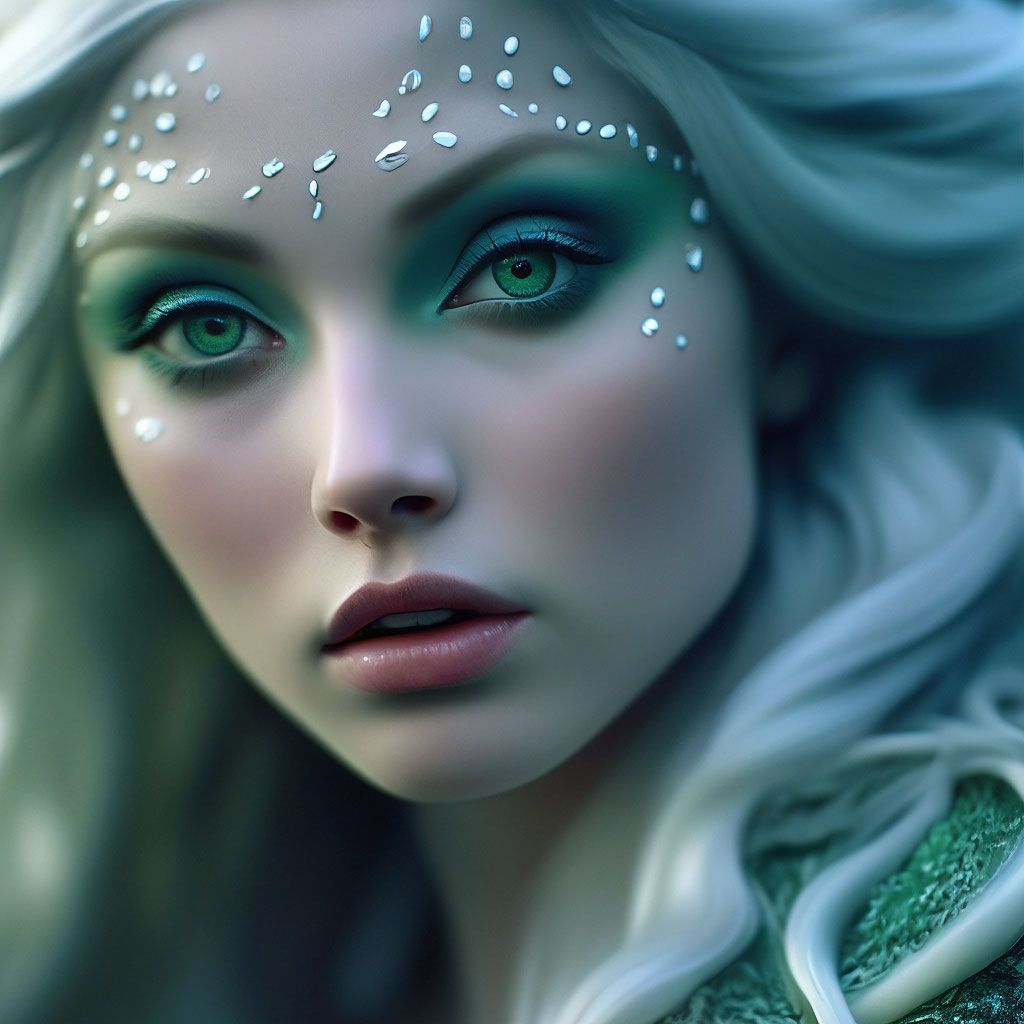 "The little mermaid from a fairy tale, green eyes, silver hair, scales ...