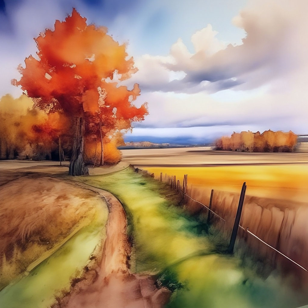 "Watercolor, field, autumn landscape...clear drawn lines are realistic ...