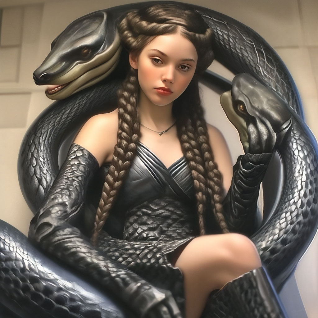 "A beautiful girl with snake skin is sitting.detailed drawing.the hair ...