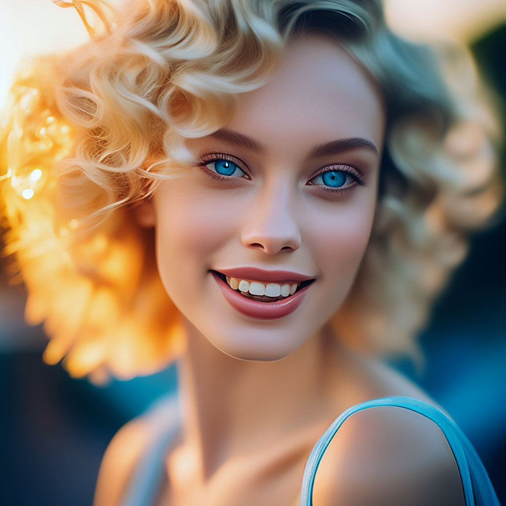 "Portrait photo. high detail. Triangular face, hair in small curls ...