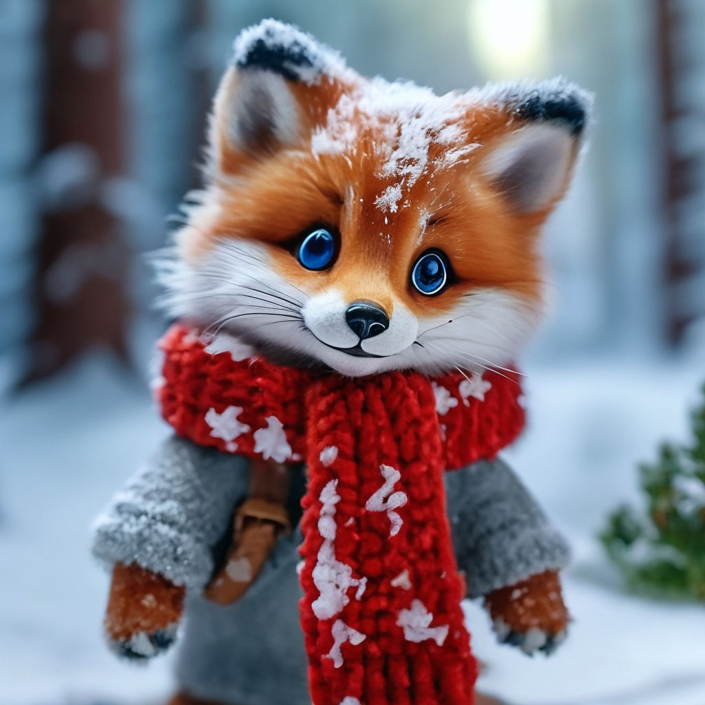 "Super detailed, realistic, miniature fluffy red fox cub, knitted scarf ...