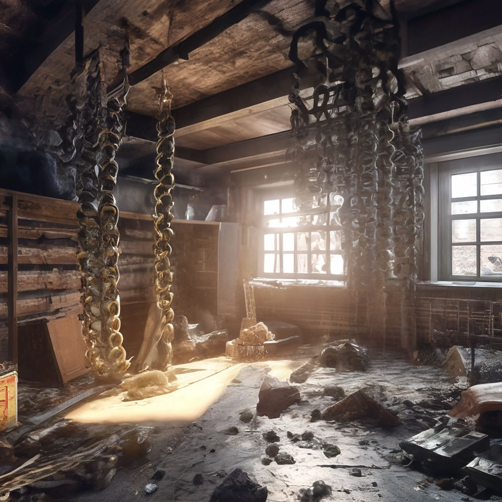 "Abandoned construction site, shabby Old basement chains hanging from ...