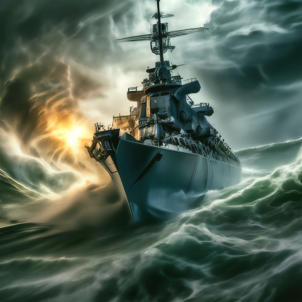 "A warship in a storm" — image created in Shedevrum
