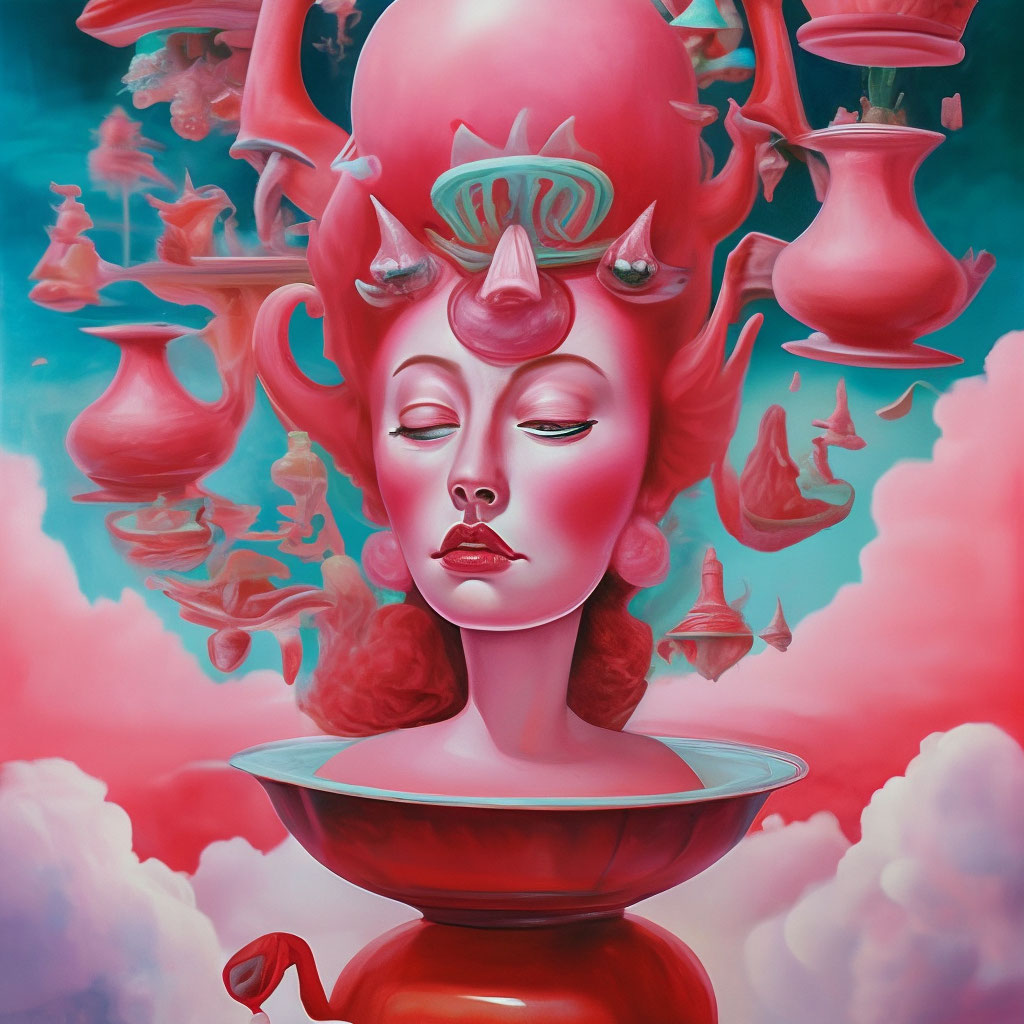 "Red asymmetric, lateral, psychedelic grotesque on strange otherworldly ...