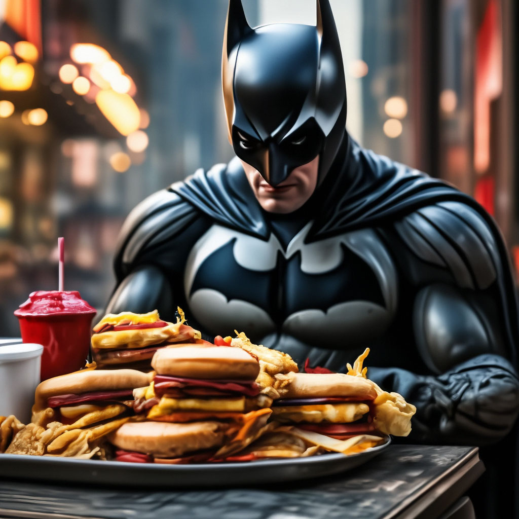 "Batman eats fast food, Marvel, realistic, high detail" — image created ...