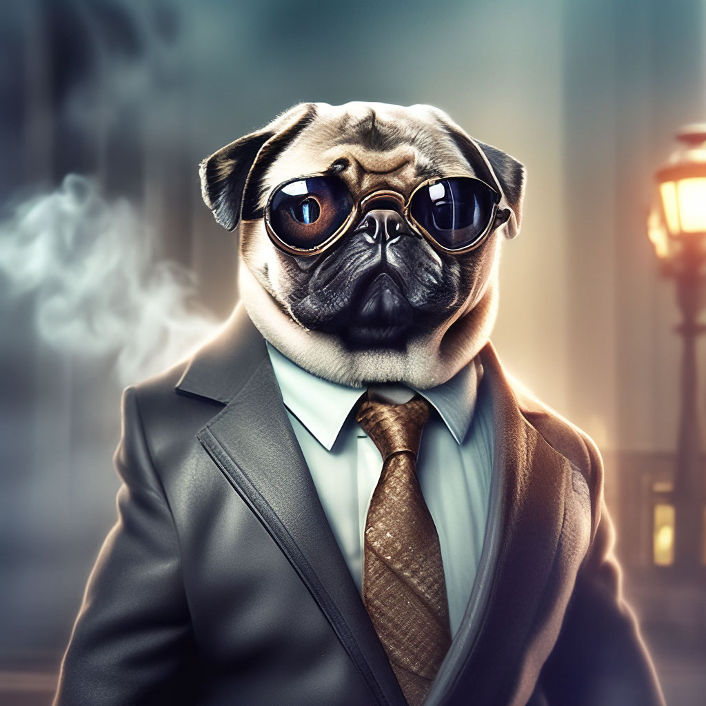 "An important business pug in sunglasses, with a metal case and a cigar ...