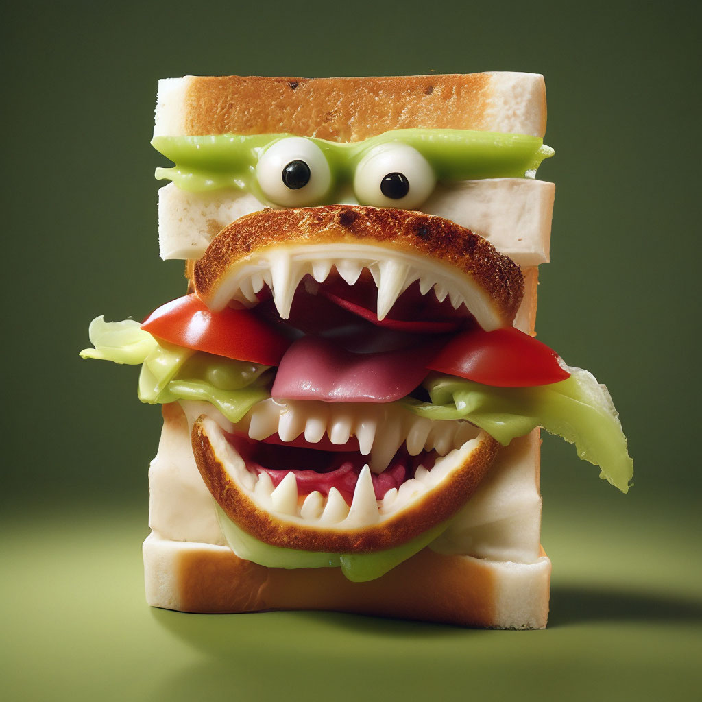 "Angry sandwich, olive eyes on toothpicks, sharp teeth, furious, very ...