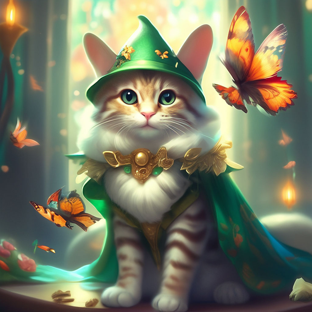 "Glamorous cat in an elf costume, butterflies flying around" — image ...
