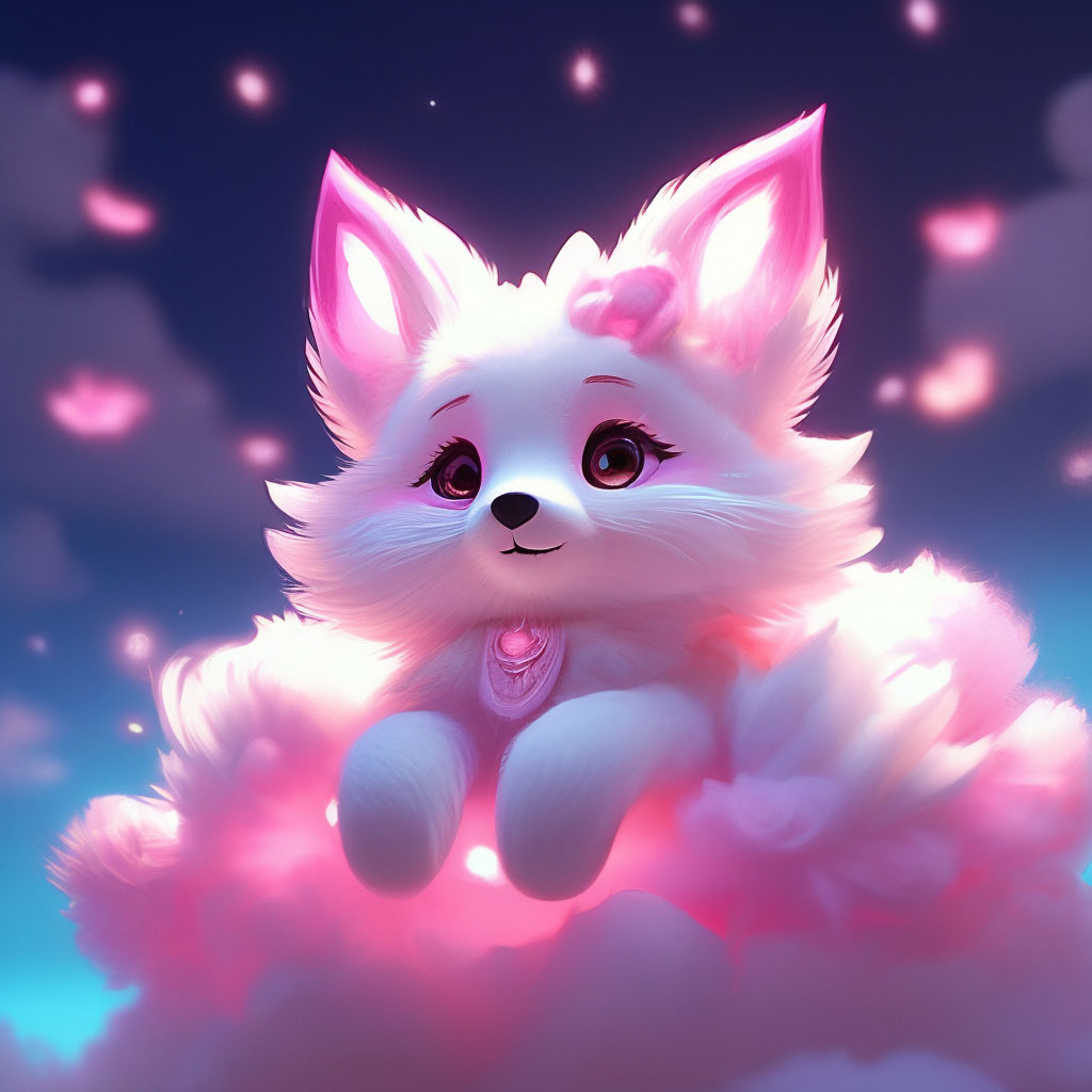 "Very cute and charming fluffy pink and white fox+spirit, sitting on a ...