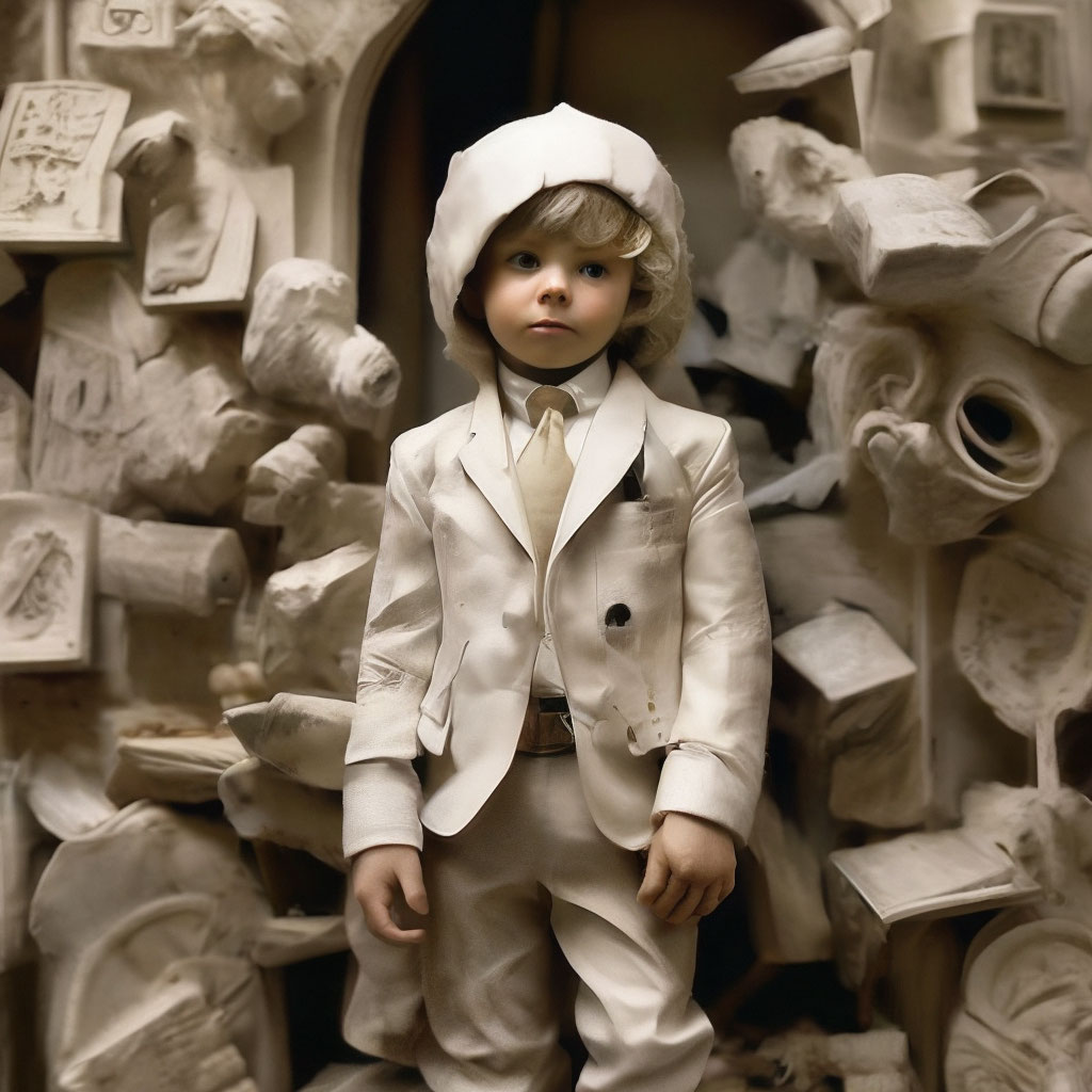 "Papier mache boy in shabby chic style, from Armani" — image created in ...