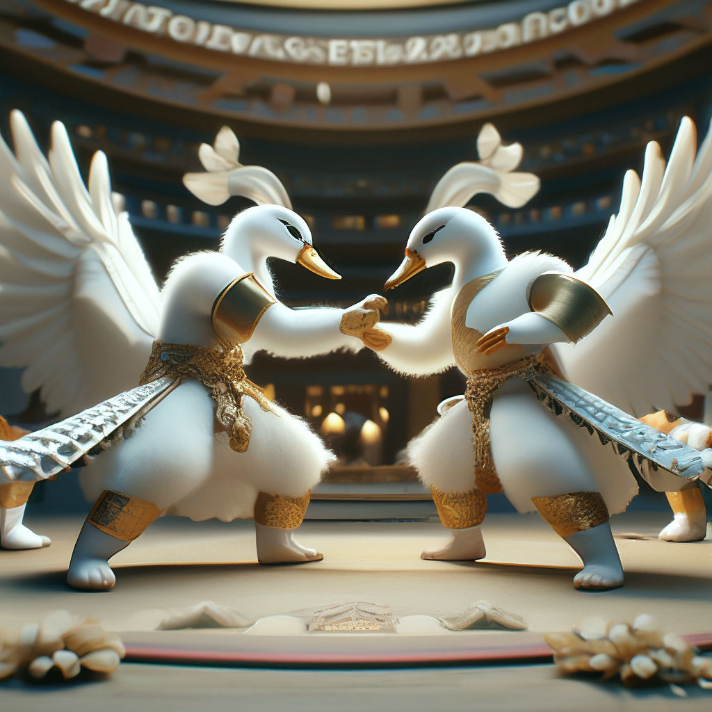 "Wrestlers dance the dance of little swans" — image created in Shedevrum
