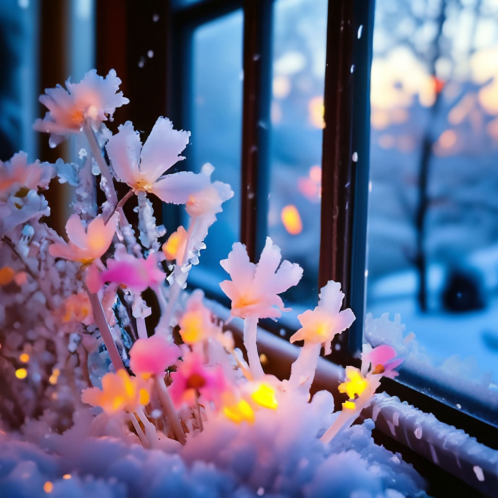 "Winter window covered with frost of flowers, shiny inium, delicate ...