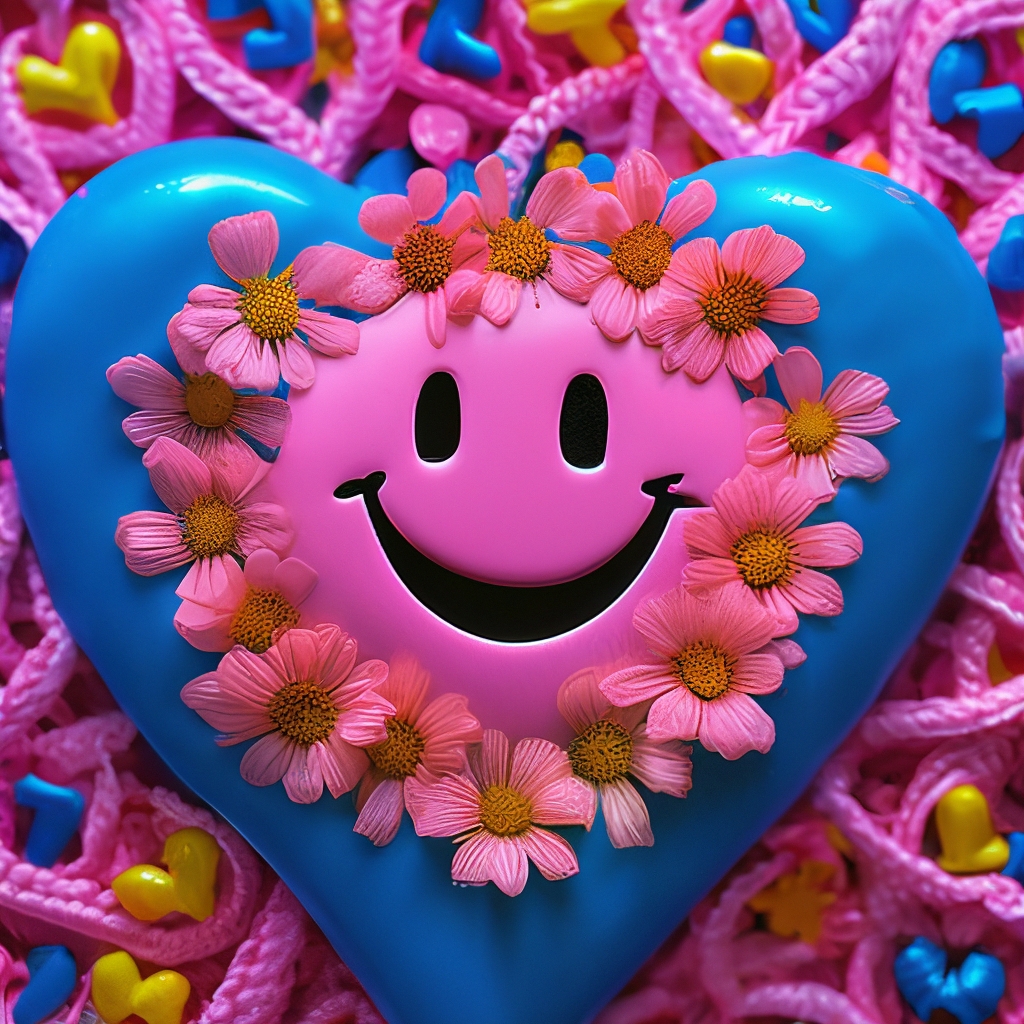 "In the center is a large smiling smiley face, on the one hand a twig ...