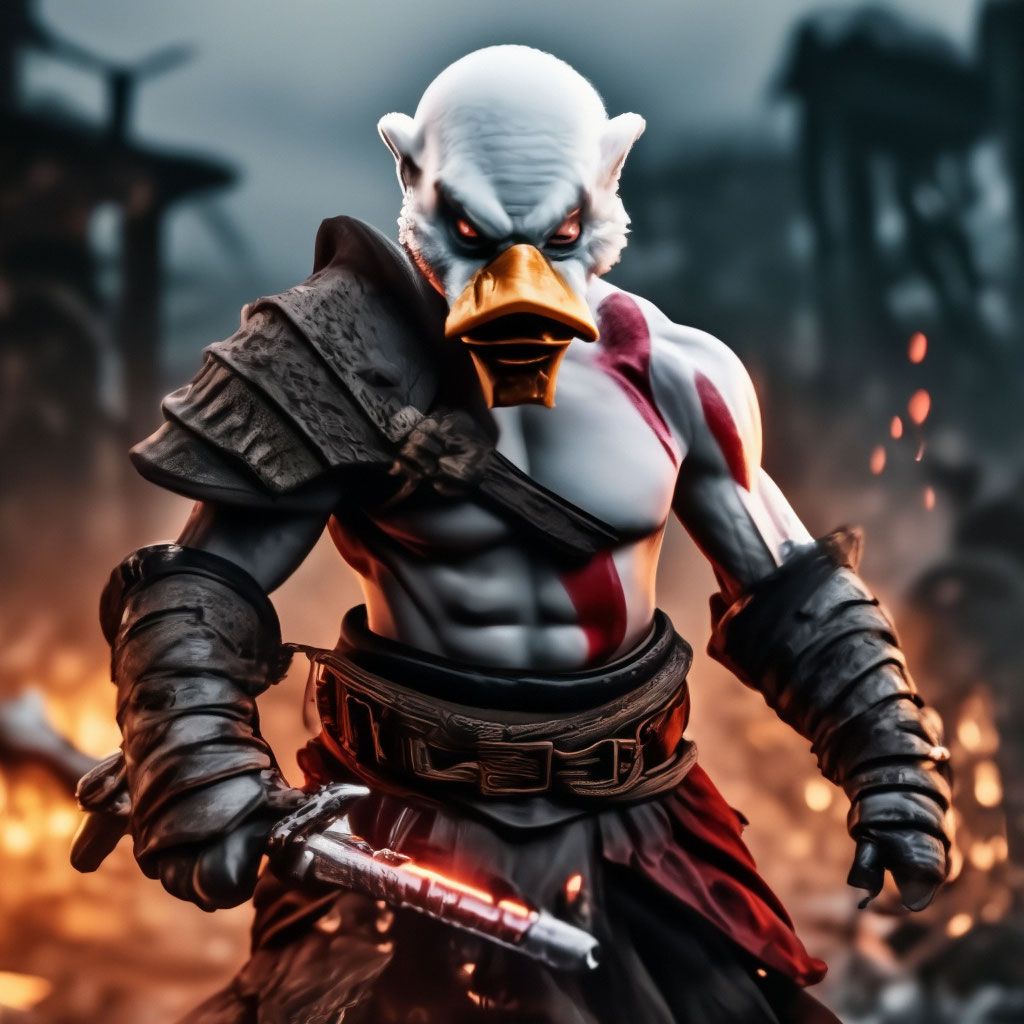 "Scrooge McDuck as kratos horror, dark multi-exposure, realistic photo ...