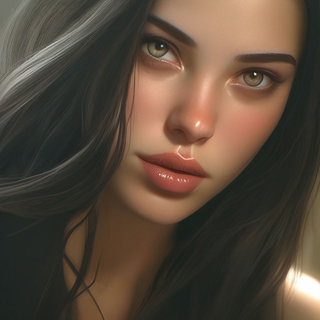 "Photorealism, hyperrealism, brunette girl, expressive eyes, dark brown ...
