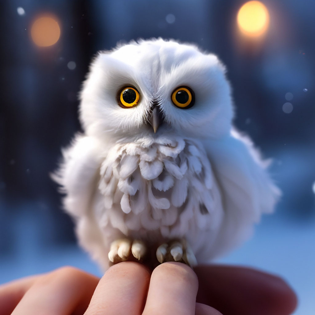 "Sovushka🦉 MICROSCOPIC snow-white fluffy owl sits on a finger ...