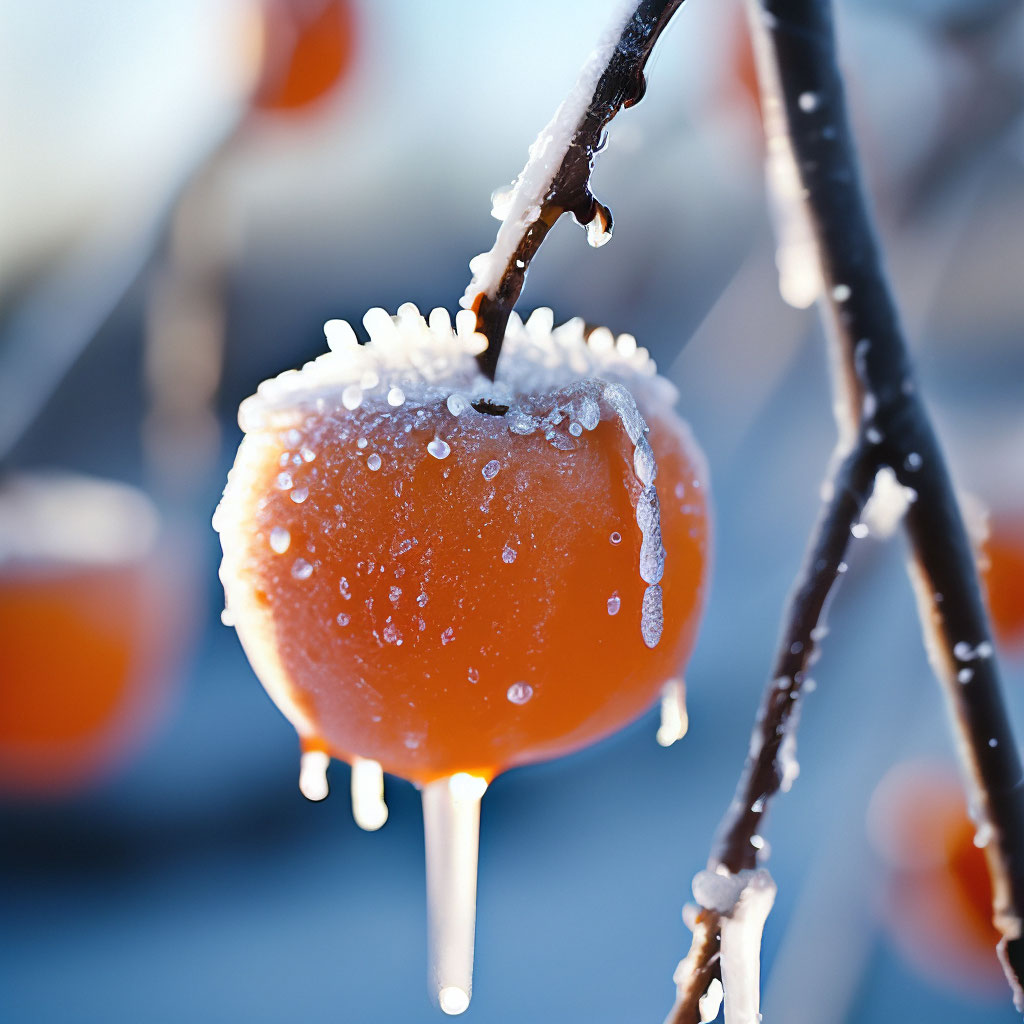 "Frozen persimmon on a branch in the snow, glare, frost, dripping ...