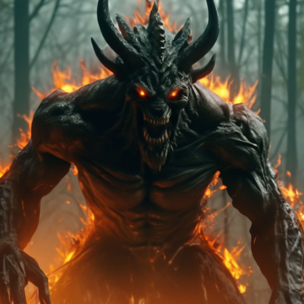 "Creep fire ogre demon, in the forest, night, green fog, , realistic ...