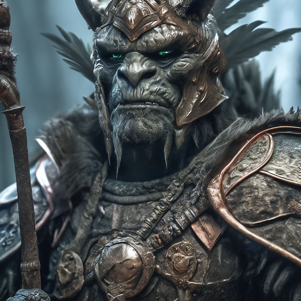 "Orc shaman with Fangs in a helmet and Armor with a ring in his nose ...
