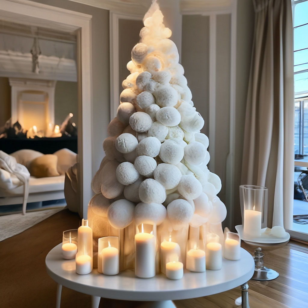 "A white fluffy chic Christmas tree with candles" — image created in ...