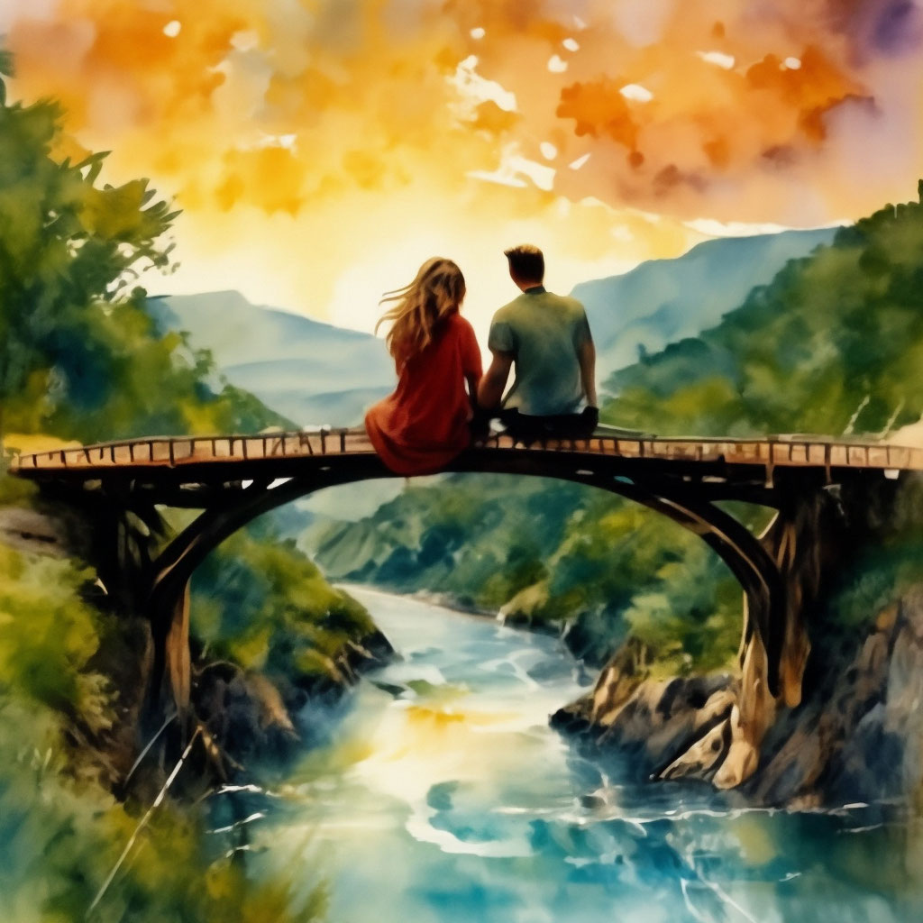 "A river between two hills, a bridge over a river, a guy and a girl ...